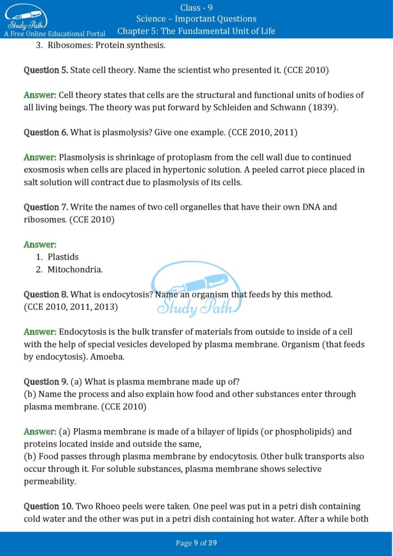Important Questions for Class 9 Science Chapter 5 The Fundamental Unit ...