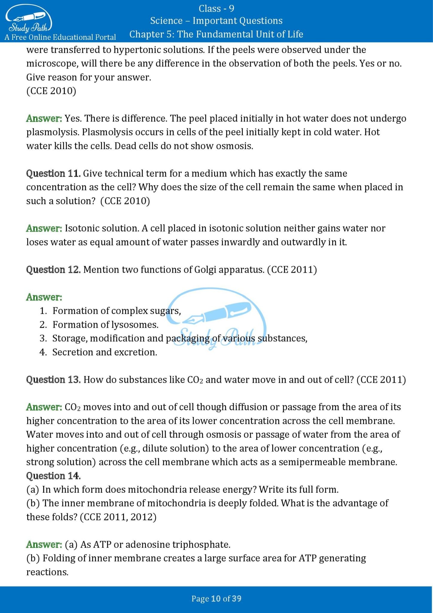 Important Questions for Class 9 Science Chapter 5 The Fundamental Unit ...
