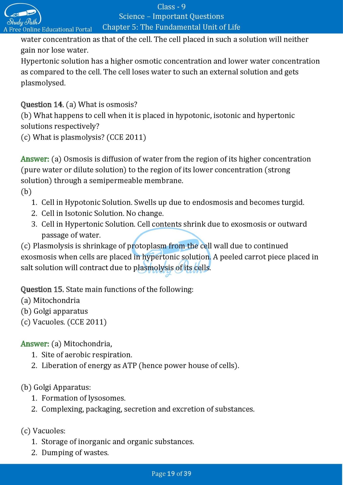 Important Questions for Class 9 Science Chapter 5 The Fundamental Unit ...