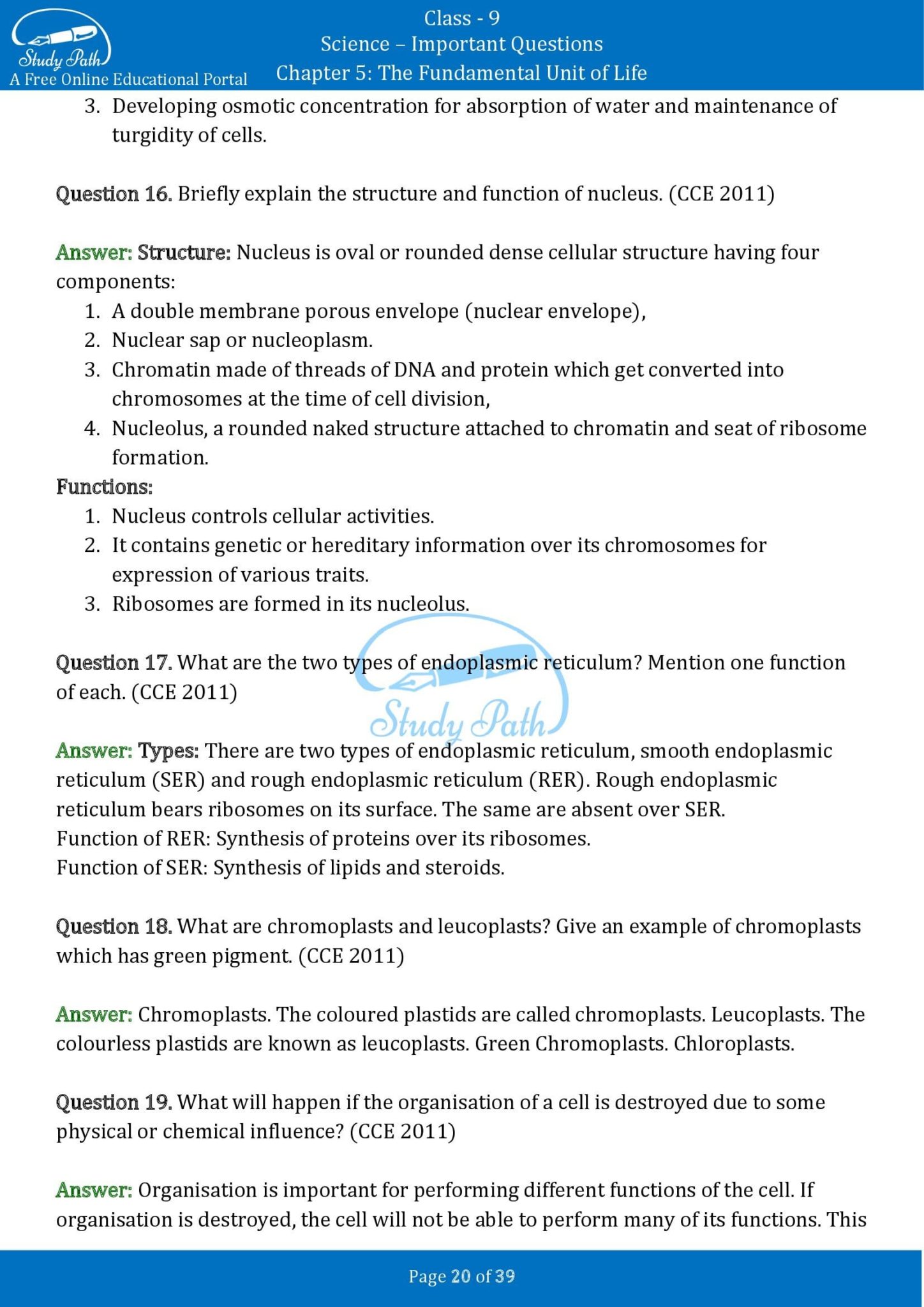 Important Questions for Class 9 Science Chapter 5 The Fundamental Unit ...