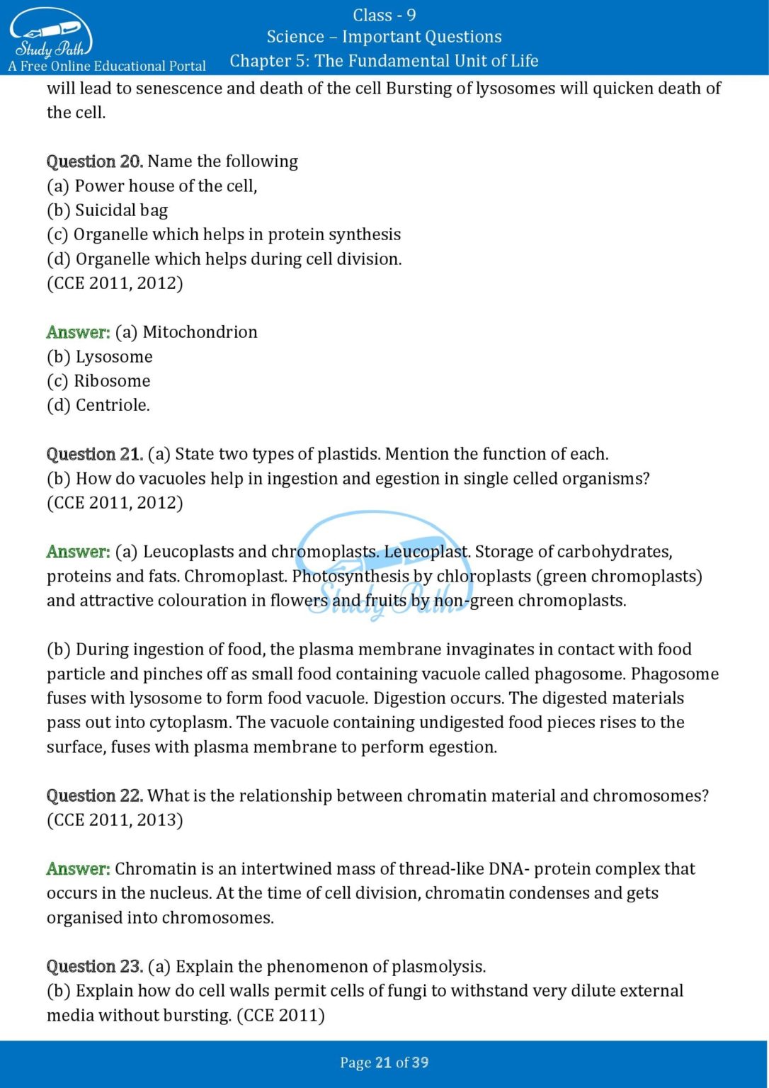 Important Questions for Class 9 Science Chapter 5 The Fundamental Unit ...