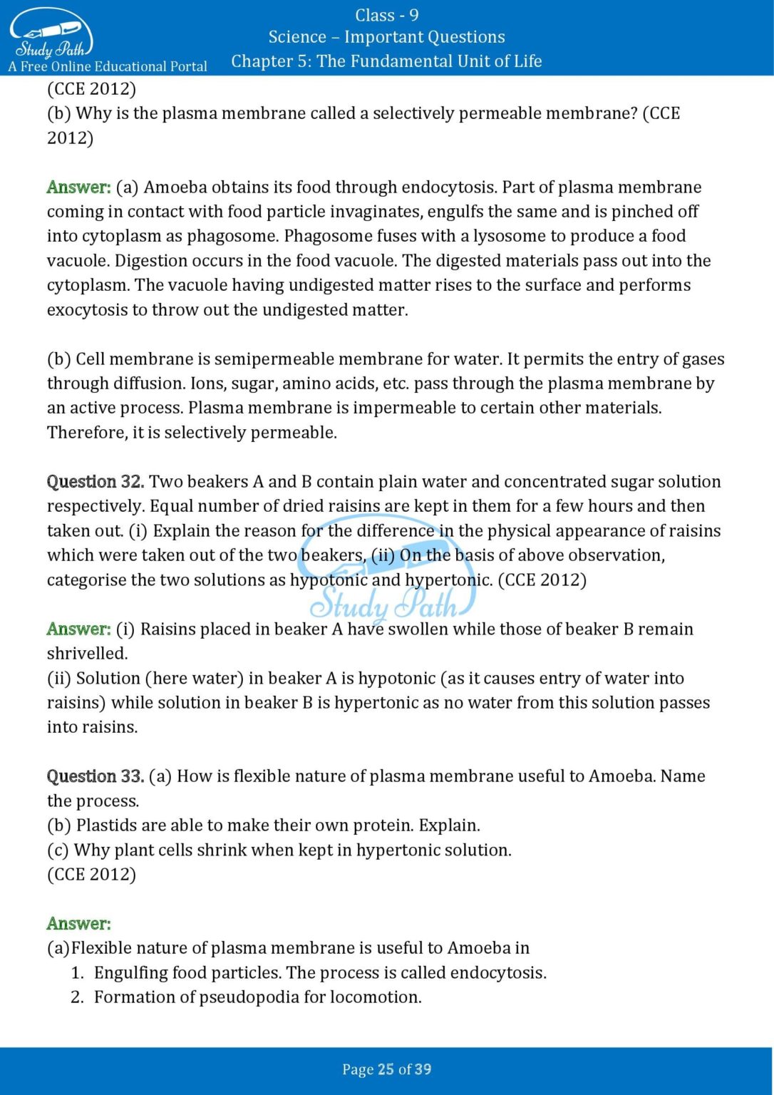Important Questions for Class 9 Science Chapter 5 The Fundamental Unit ...