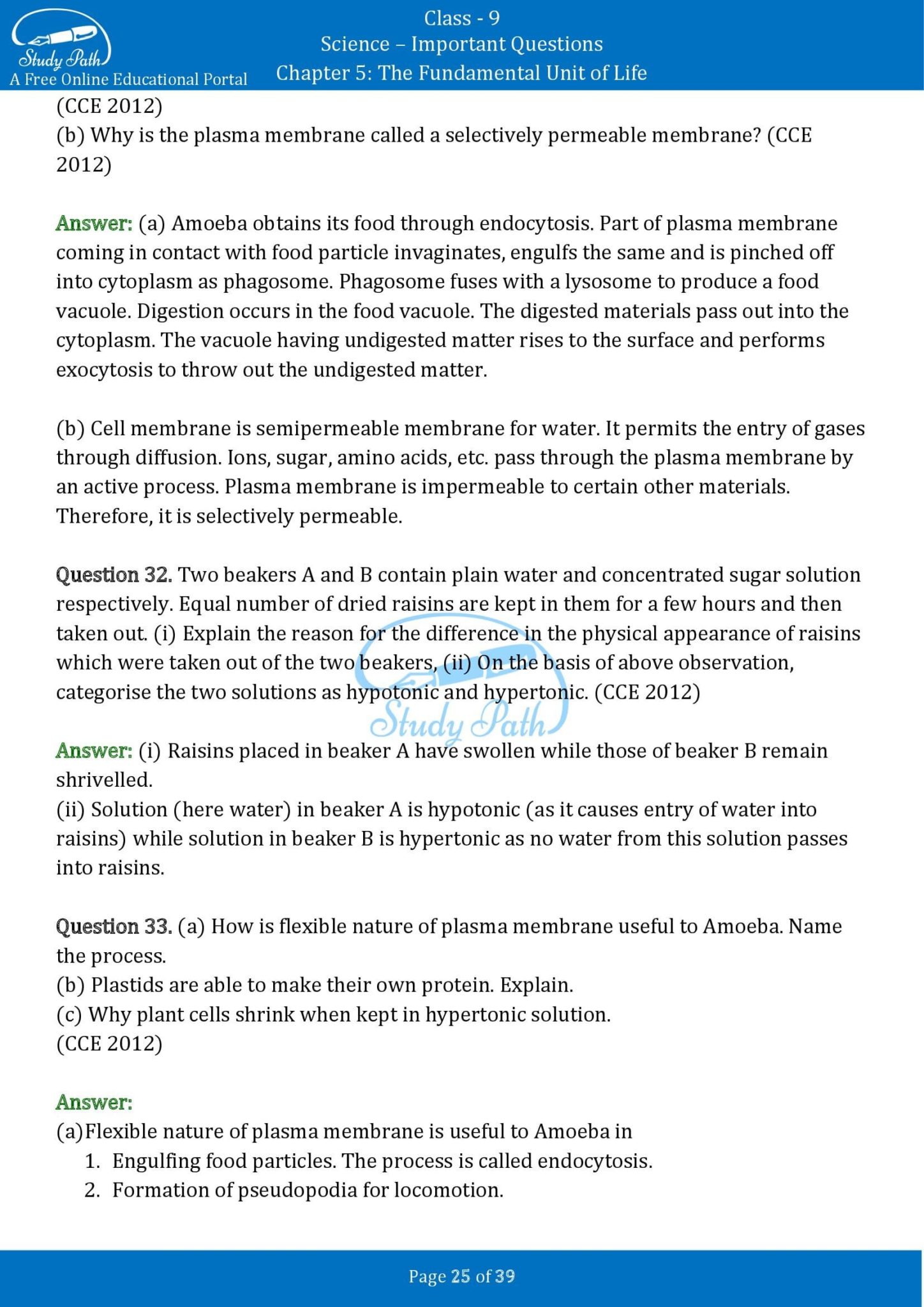 Important Questions for Class 9 Science Chapter 5 The Fundamental Unit ...