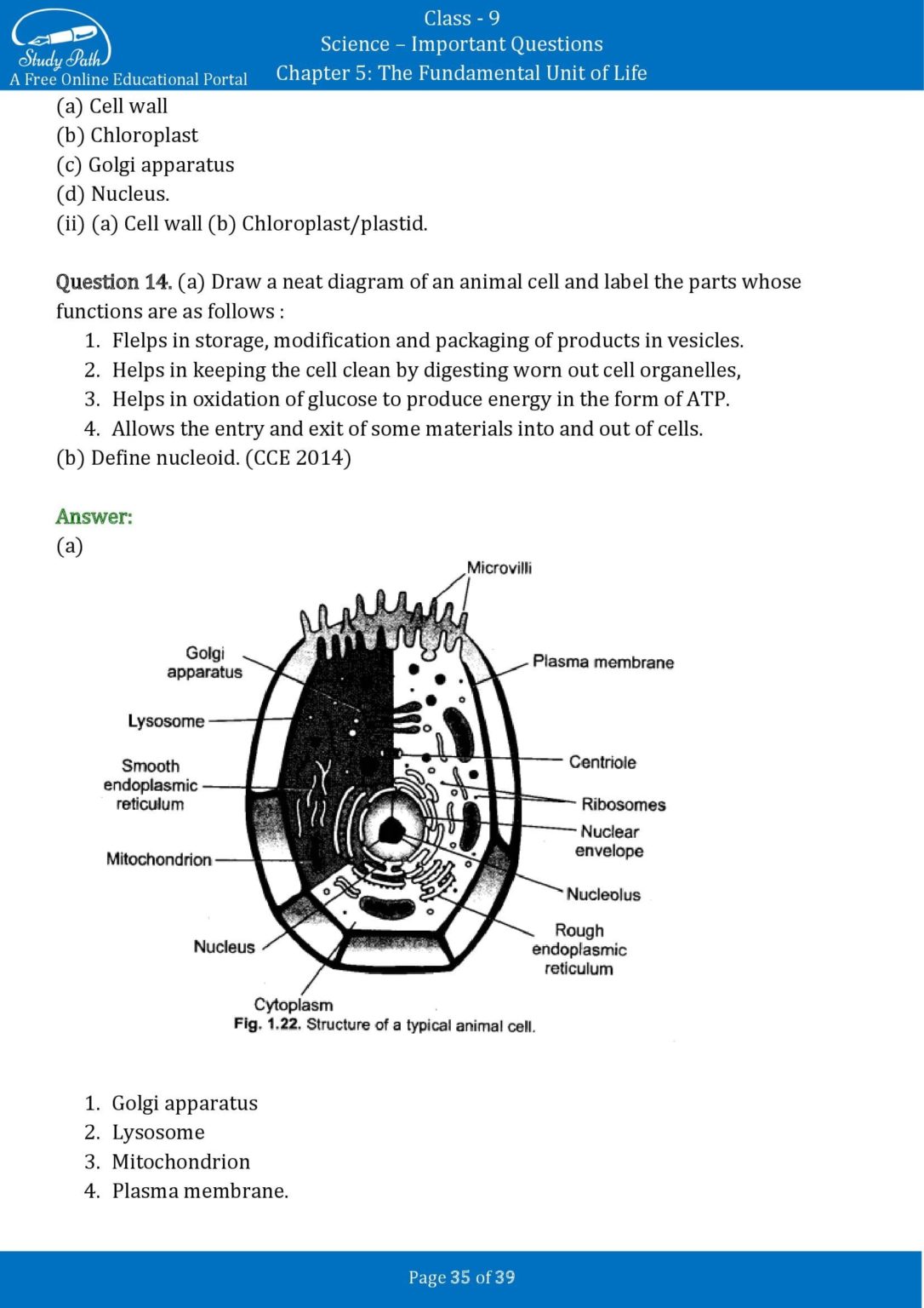 Important Questions for Class 9 Science Chapter 5 The Fundamental Unit ...