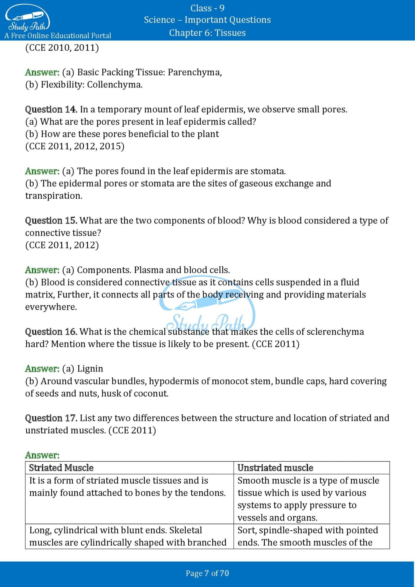 Important Questions for Class 9 Science Chapter 6 Tissues – Study Path