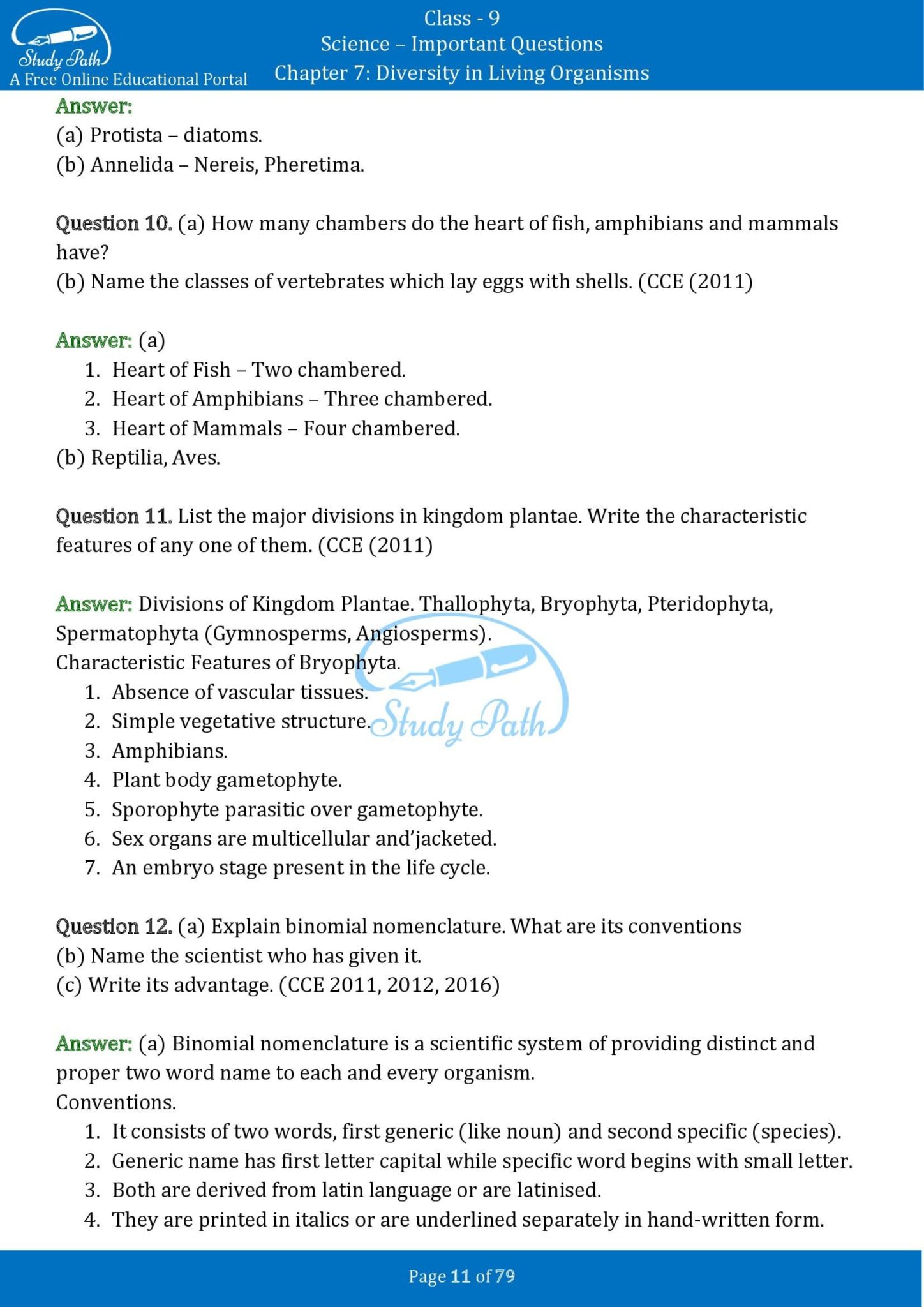Important Questions for Class 9 Science Chapter 7 Diversity in Living ...