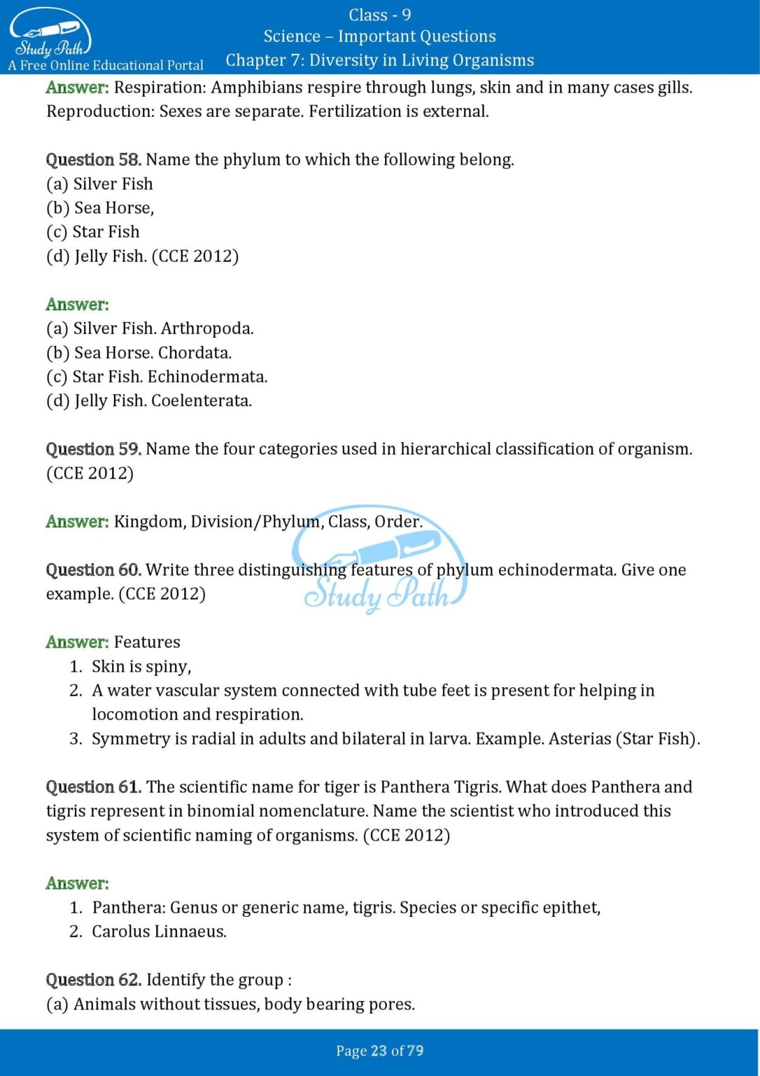 Important Questions for Class 9 Science Chapter 7 Diversity in Living ...
