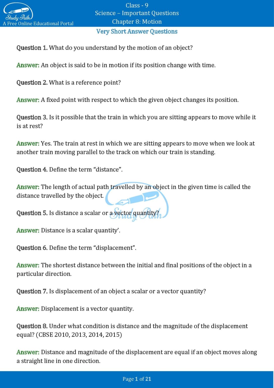 Important Questions for Class 9 Science Chapter 8 Motion – Study Path