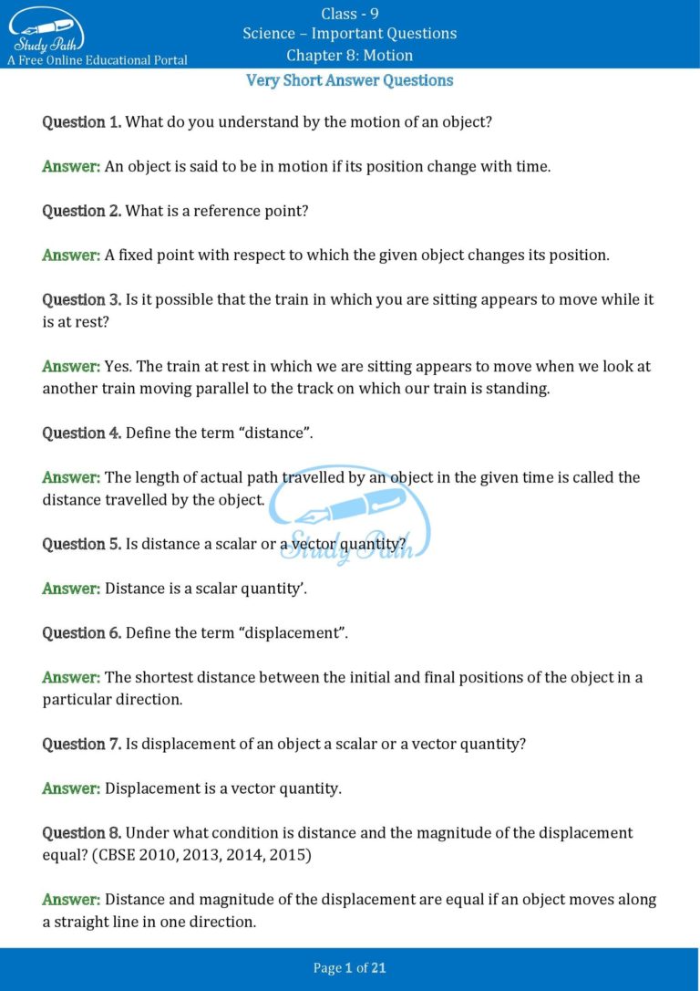 Important Questions for Class 9 Science Chapter 8 Motion – Study Path