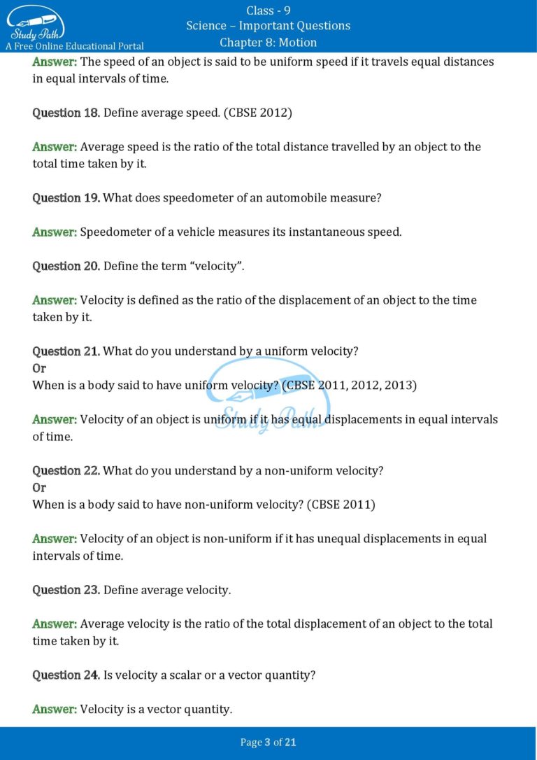 Important Questions for Class 9 Science Chapter 8 Motion – Study Path