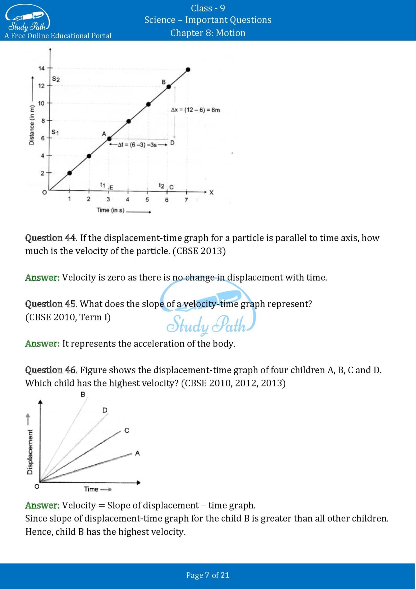 Important Questions for Class 9 Science Chapter 8 Motion – Study Path