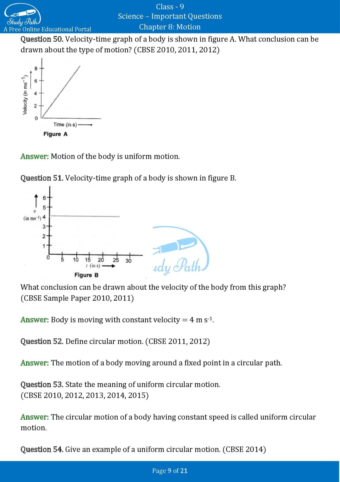 Important Questions for Class 9 Science Chapter 8 Motion – Study Path
