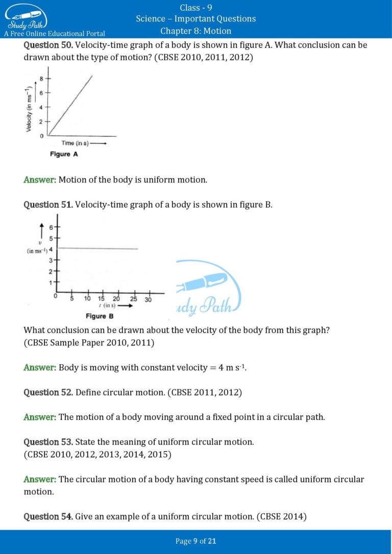 Important Questions for Class 9 Science Chapter 8 Motion – Study Path