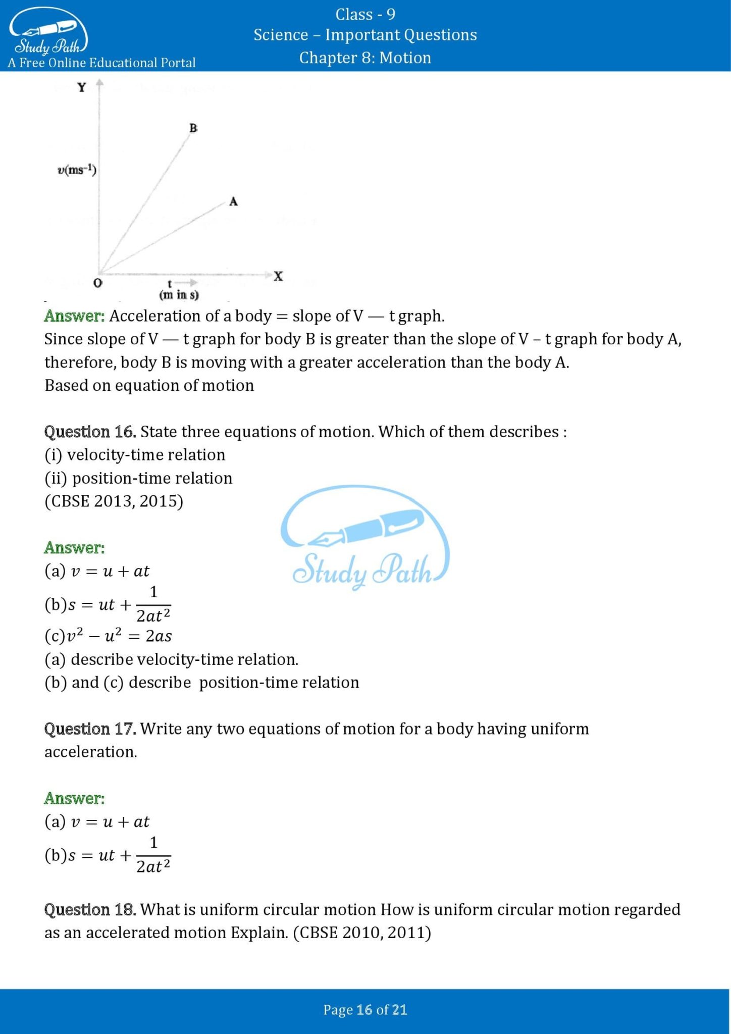 Important Questions for Class 9 Science Chapter 8 Motion – Study Path