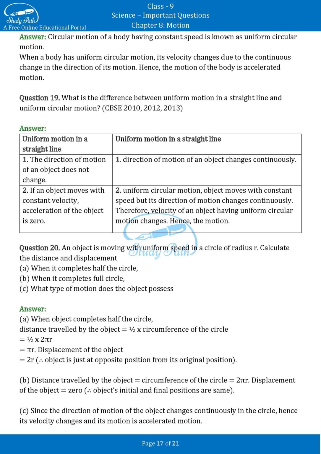 Important Questions for Class 9 Science Chapter 8 Motion – Study Path