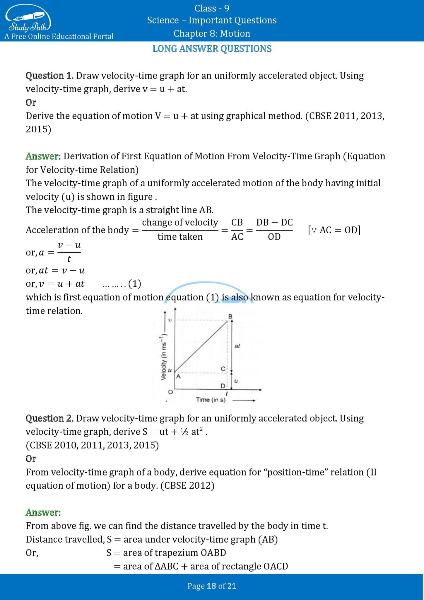 Important Questions for Class 9 Science Chapter 8 Motion – Study Path