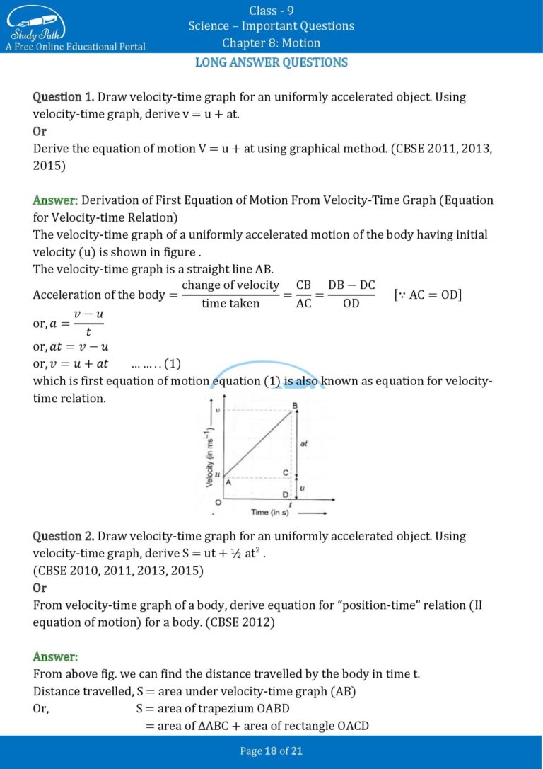 Important Questions for Class 9 Science Chapter 8 Motion – Study Path