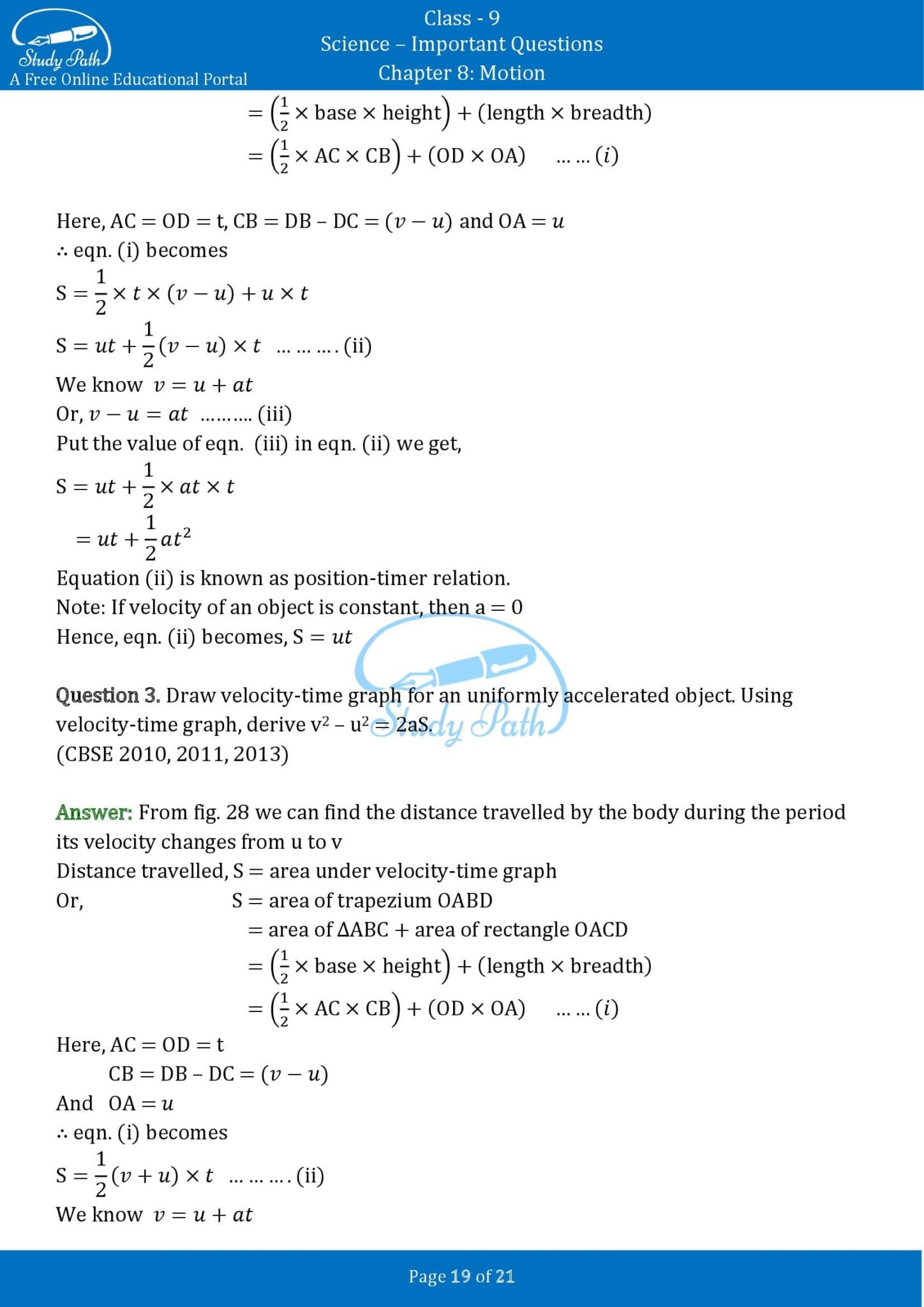 Important Questions for Class 9 Science Chapter 8 Motion – Study Path