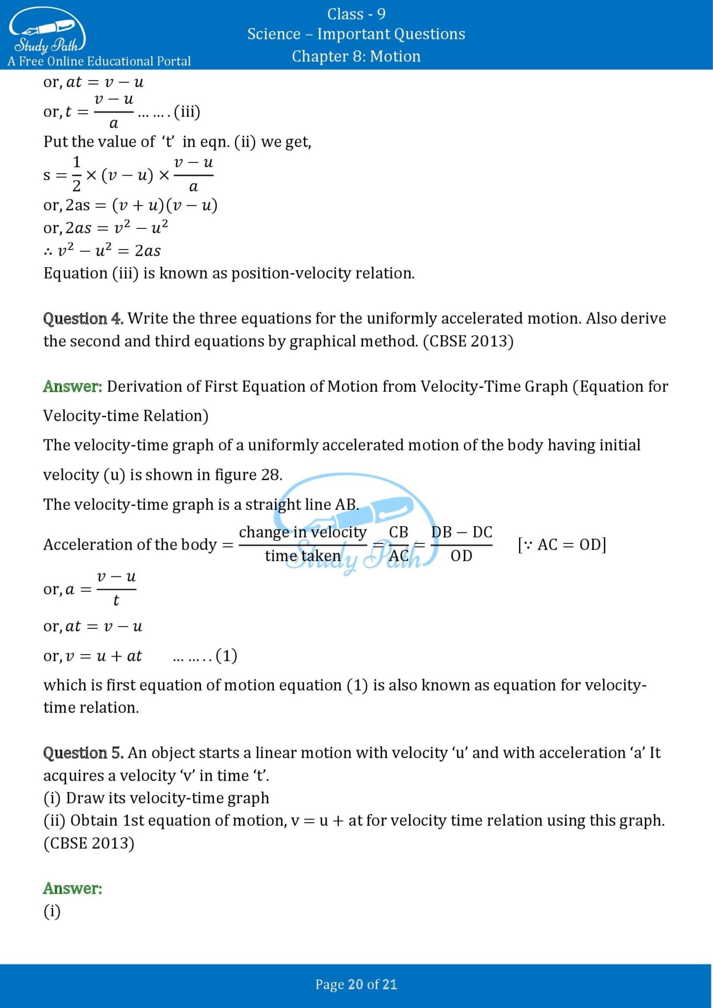 Important Questions for Class 9 Science Chapter 8 Motion – Study Path