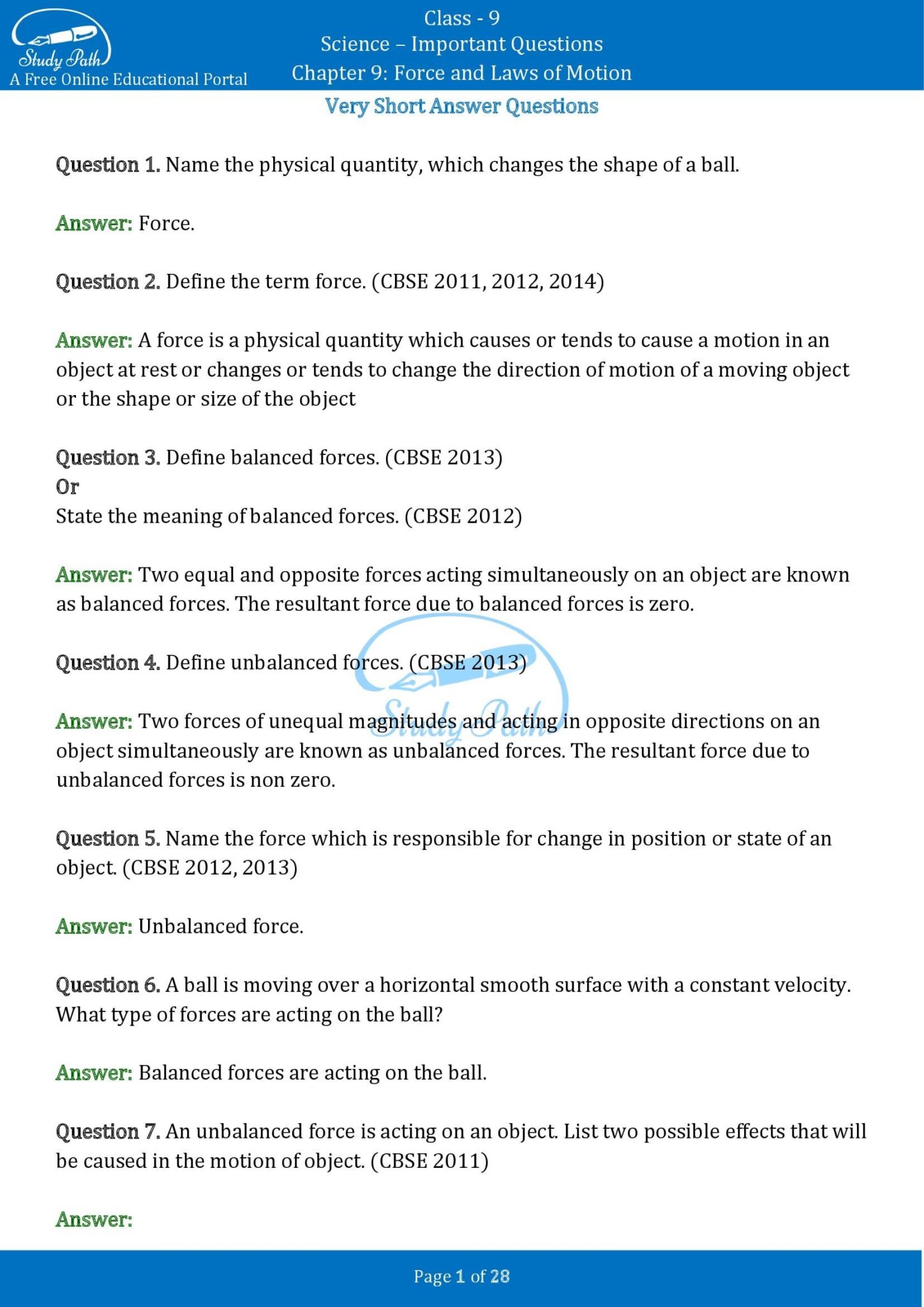 Important Questions for Class 9 Science Chapter 9 Force and Laws of Motion