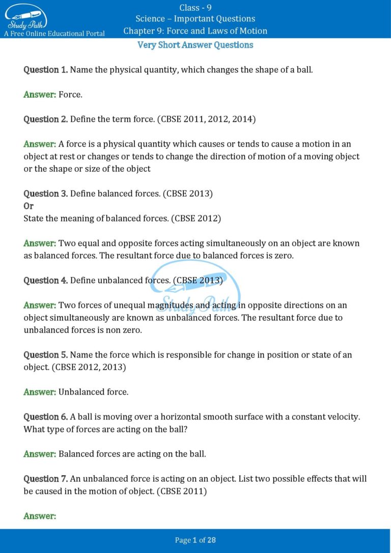 Important Questions for Class 9 Science Chapter 9 Force and Laws of Motion