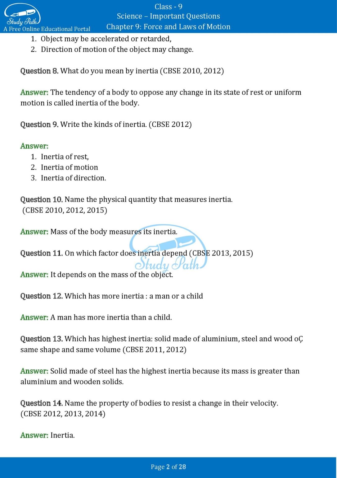 Important Questions for Class 9 Science Chapter 9 Force and Laws of Motion