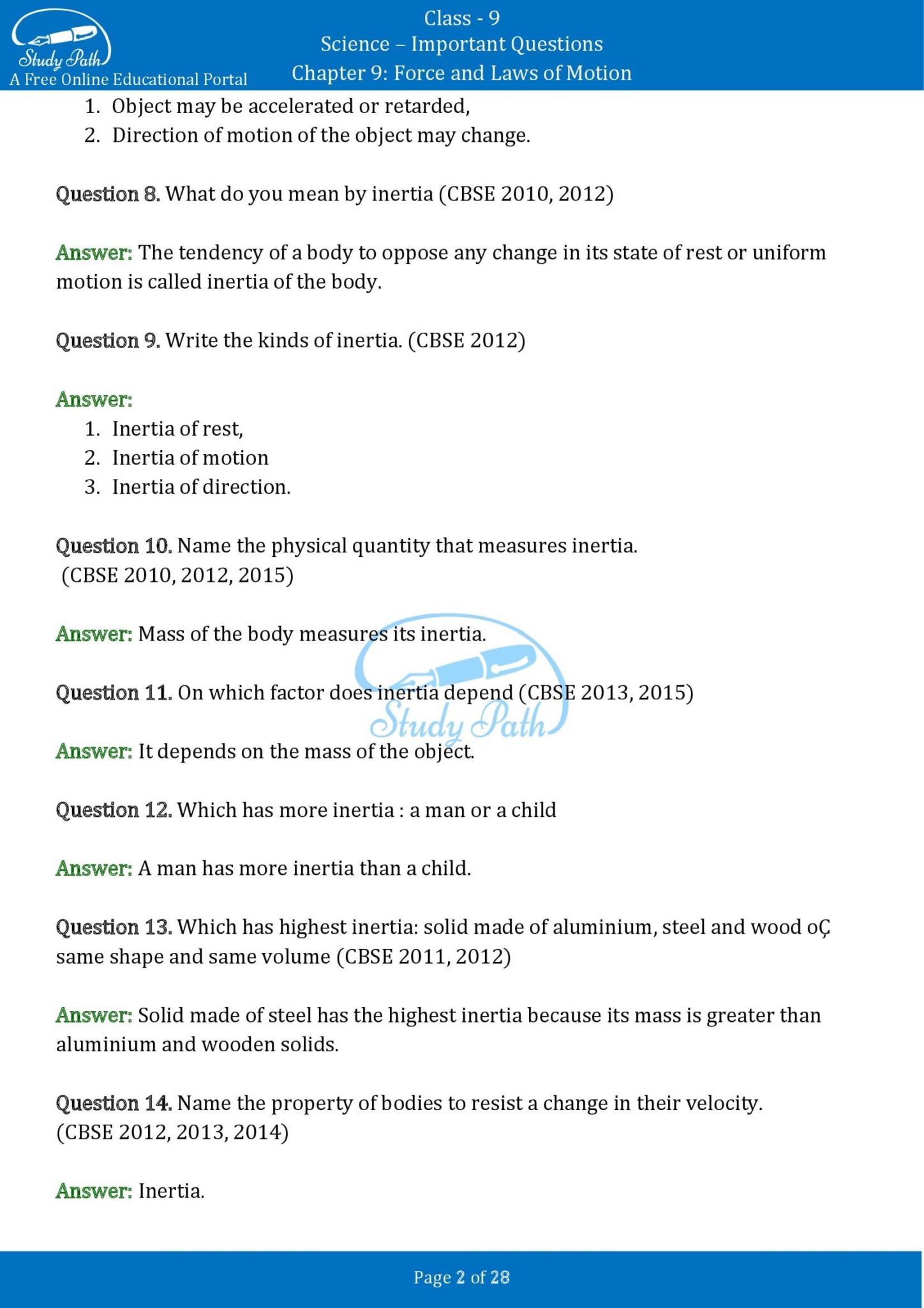 Important Questions for Class 9 Science Chapter 9 Force and Laws of Motion