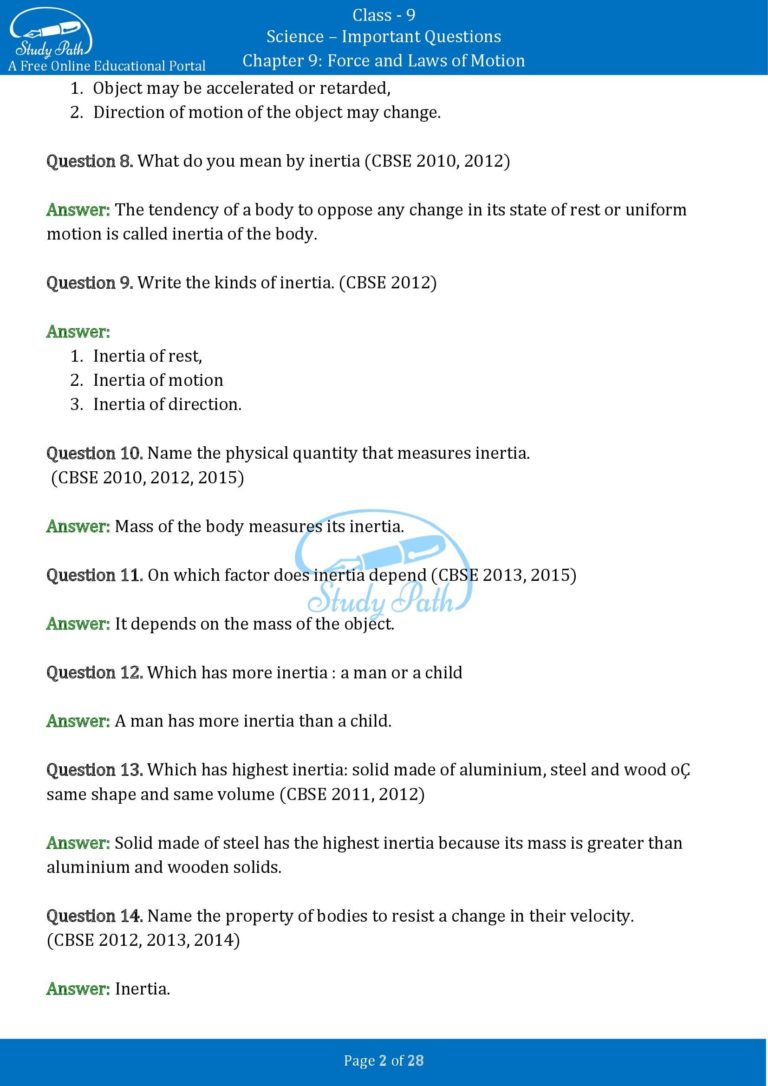 Important Questions for Class 9 Science Chapter 9 Force and Laws of Motion