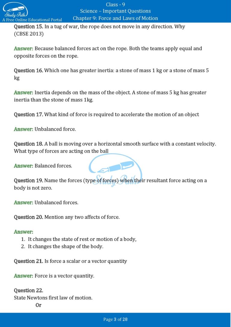 Important Questions for Class 9 Science Chapter 9 Force and Laws of Motion