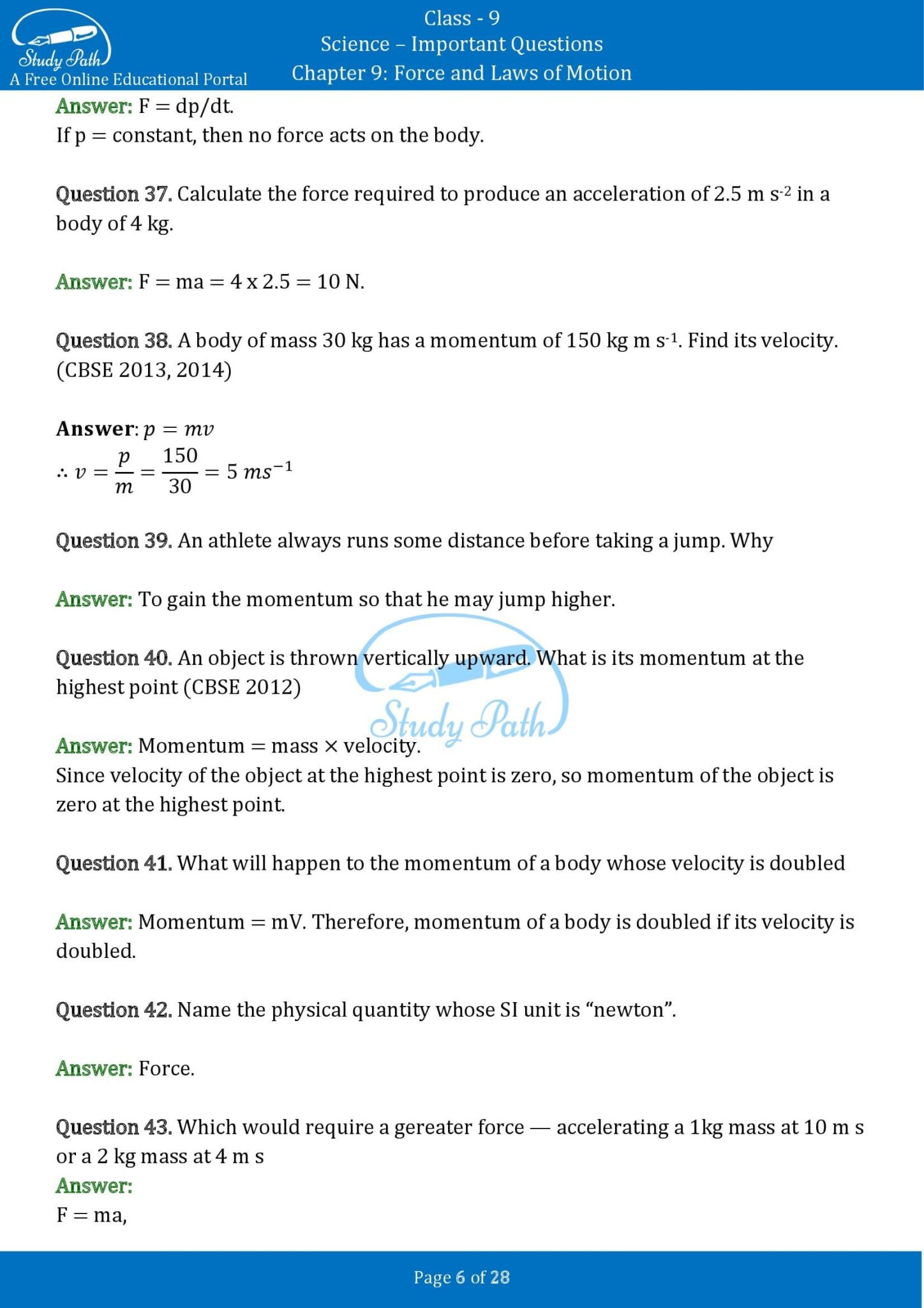 Important Questions for Class 9 Science Chapter 9 Force and Laws of Motion