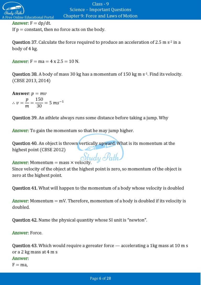 Important Questions for Class 9 Science Chapter 9 Force and Laws of Motion