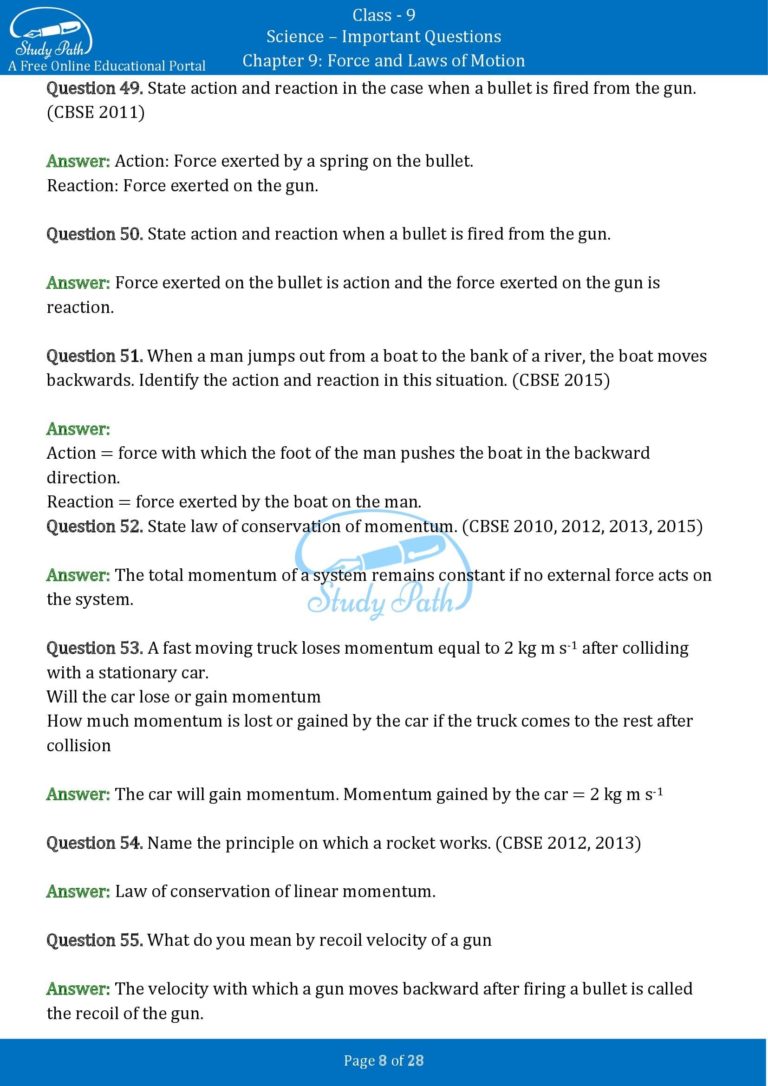 Important Questions for Class 9 Science Chapter 9 Force and Laws of Motion