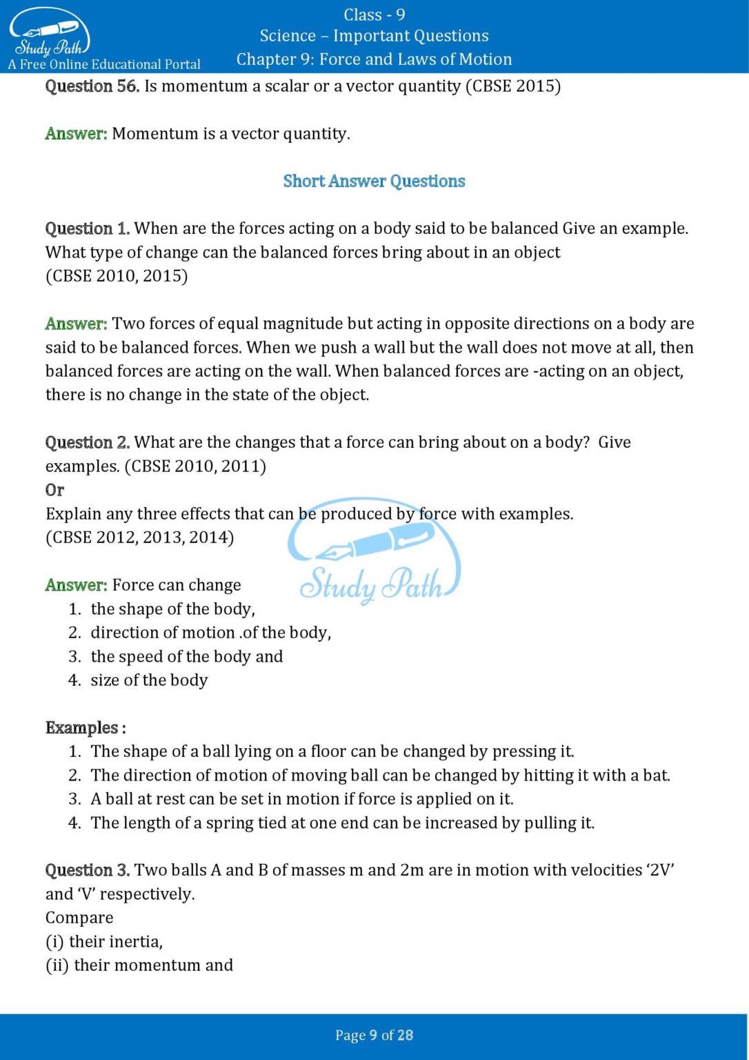 Important Questions For Class 9 Science Chapter 9 Force And Laws Of Motion