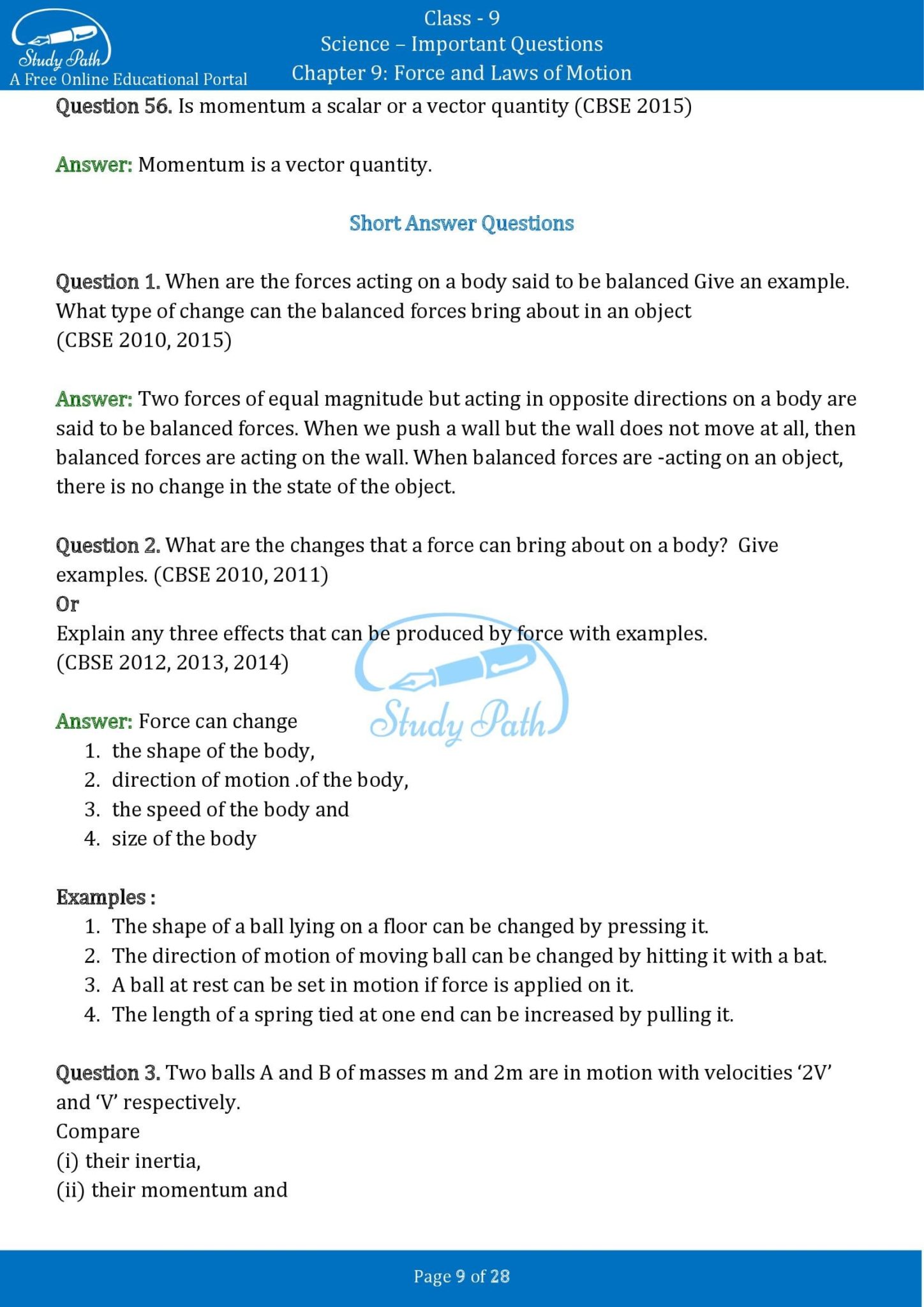 Important Questions for Class 9 Science Chapter 9 Force and Laws of Motion