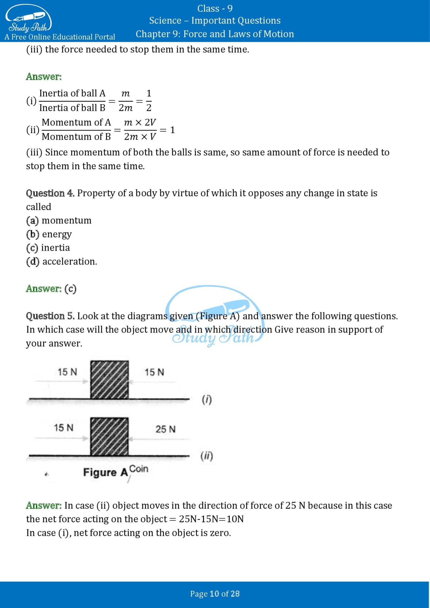 Important Questions for Class 9 Science Chapter 9 Force and Laws of Motion