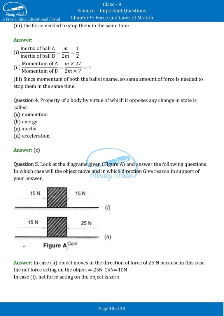 Important Questions for Class 9 Science Chapter 9 Force and Laws of Motion