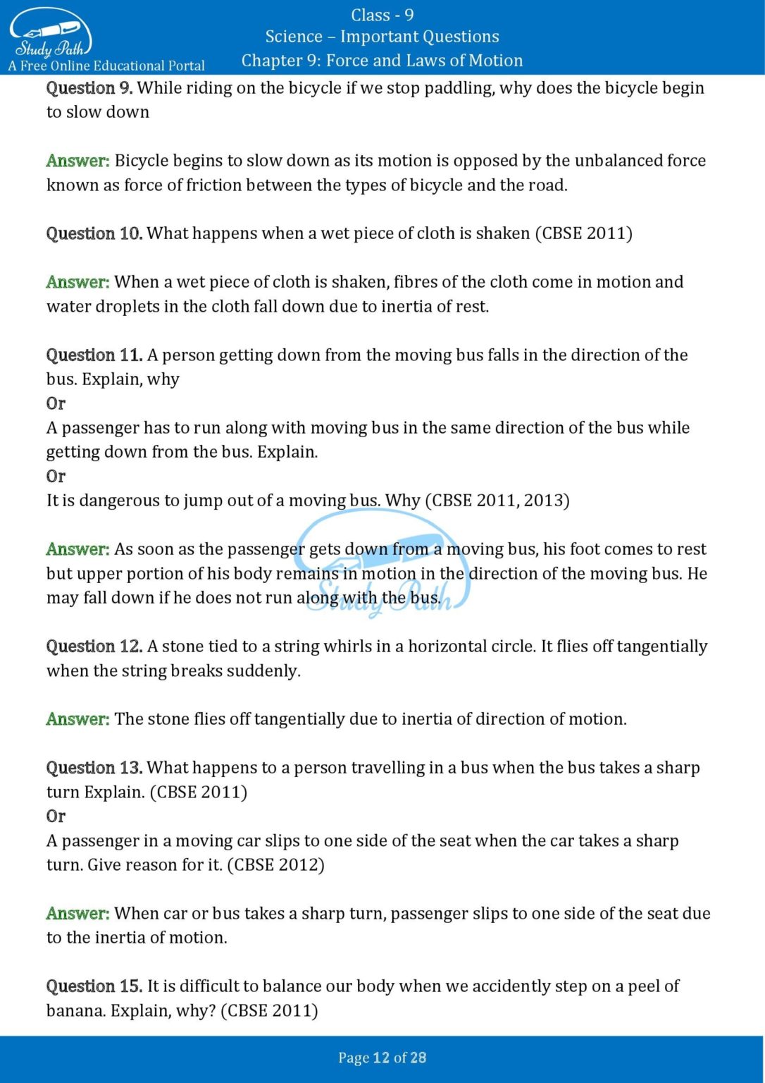 Important Questions for Class 9 Science Chapter 9 Force and Laws of Motion