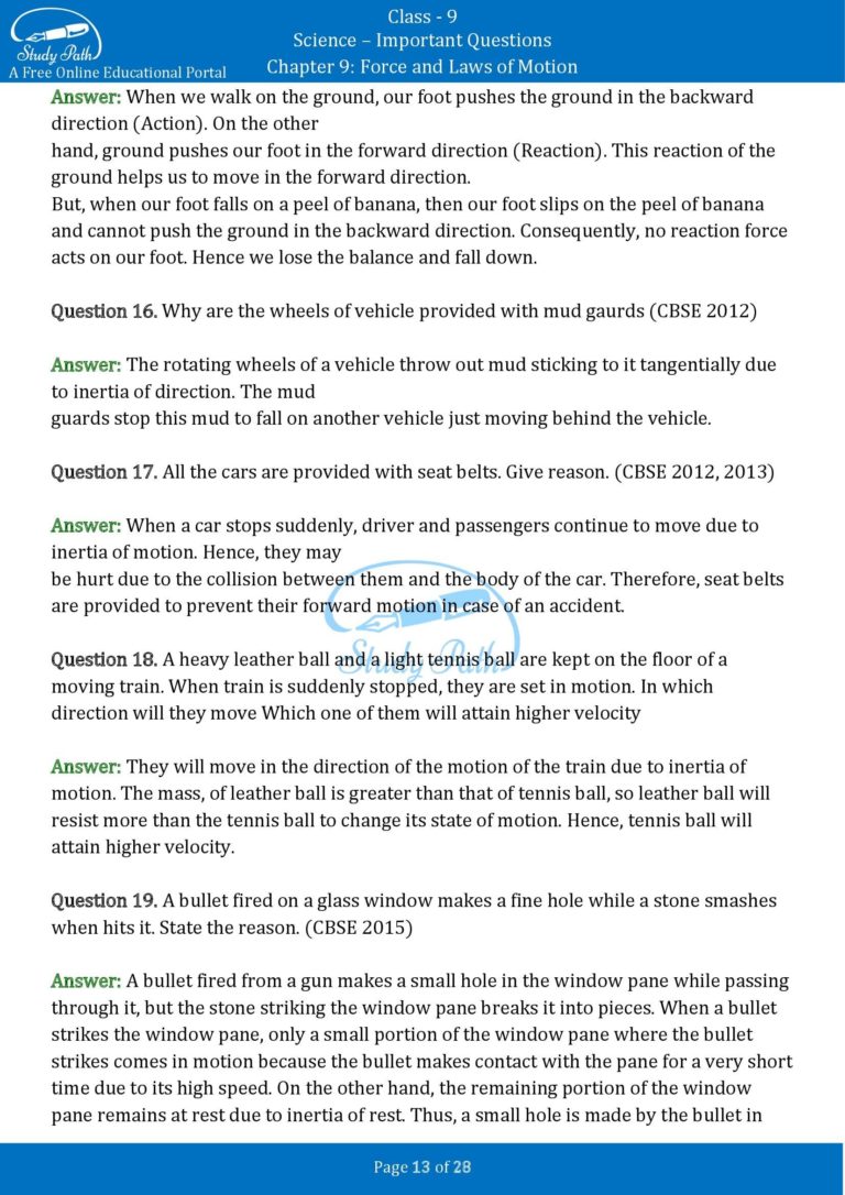 Important Questions for Class 9 Science Chapter 9 Force and Laws of Motion