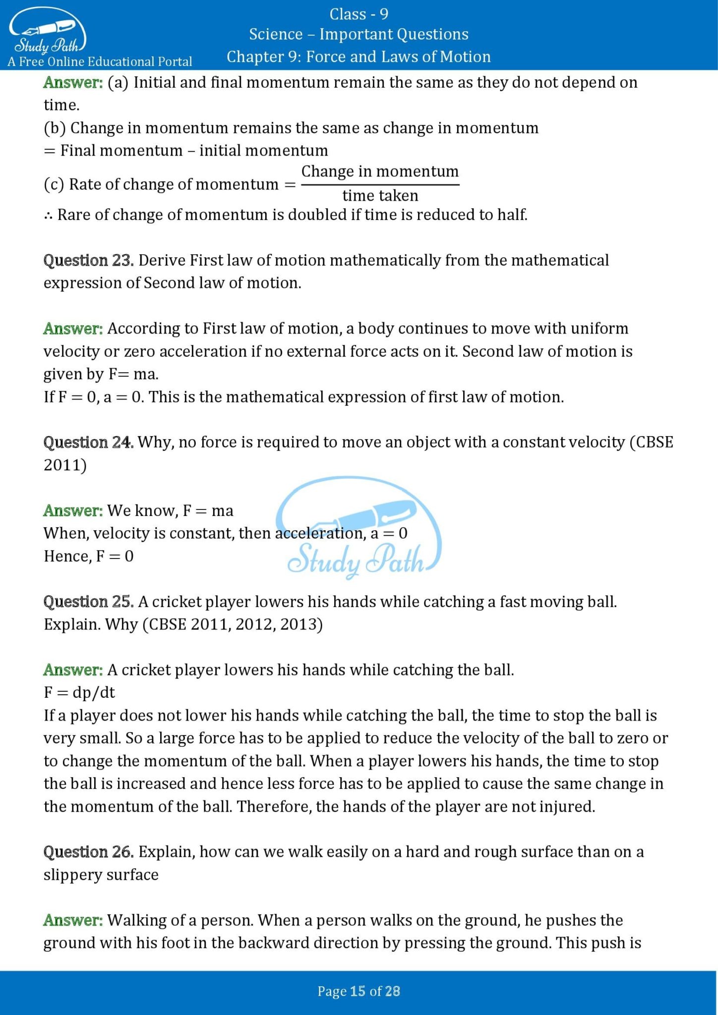 Important Questions for Class 9 Science Chapter 9 Force and Laws of Motion