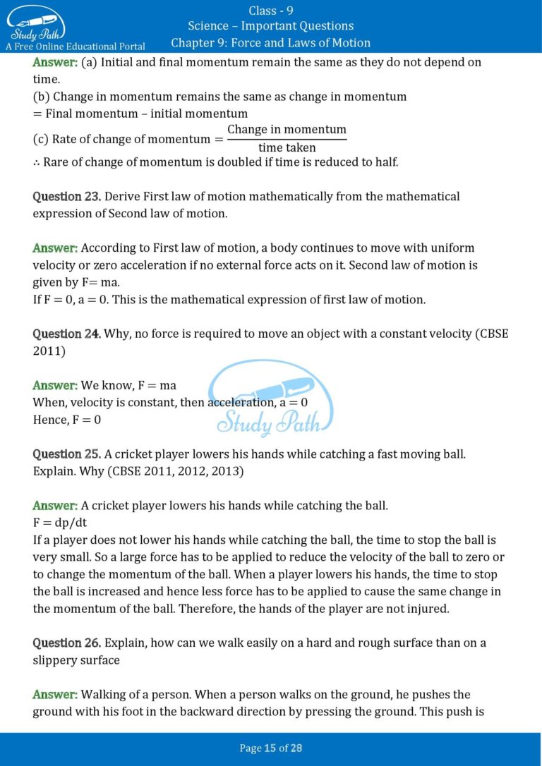 Important Questions for Class 9 Science Chapter 9 Force and Laws of Motion