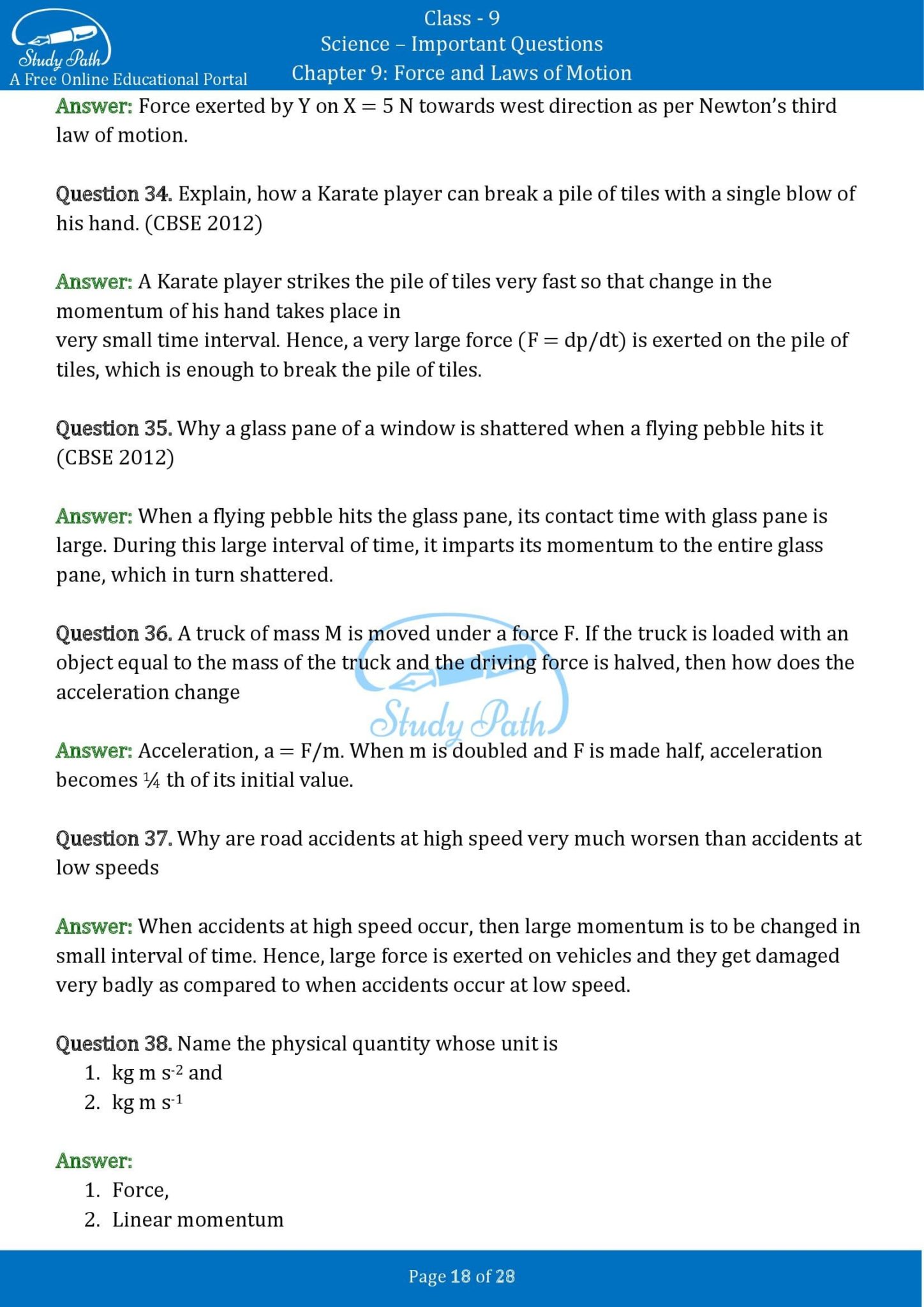 Important Questions For Class 9 Science Chapter 9 Force And Laws Of Motion