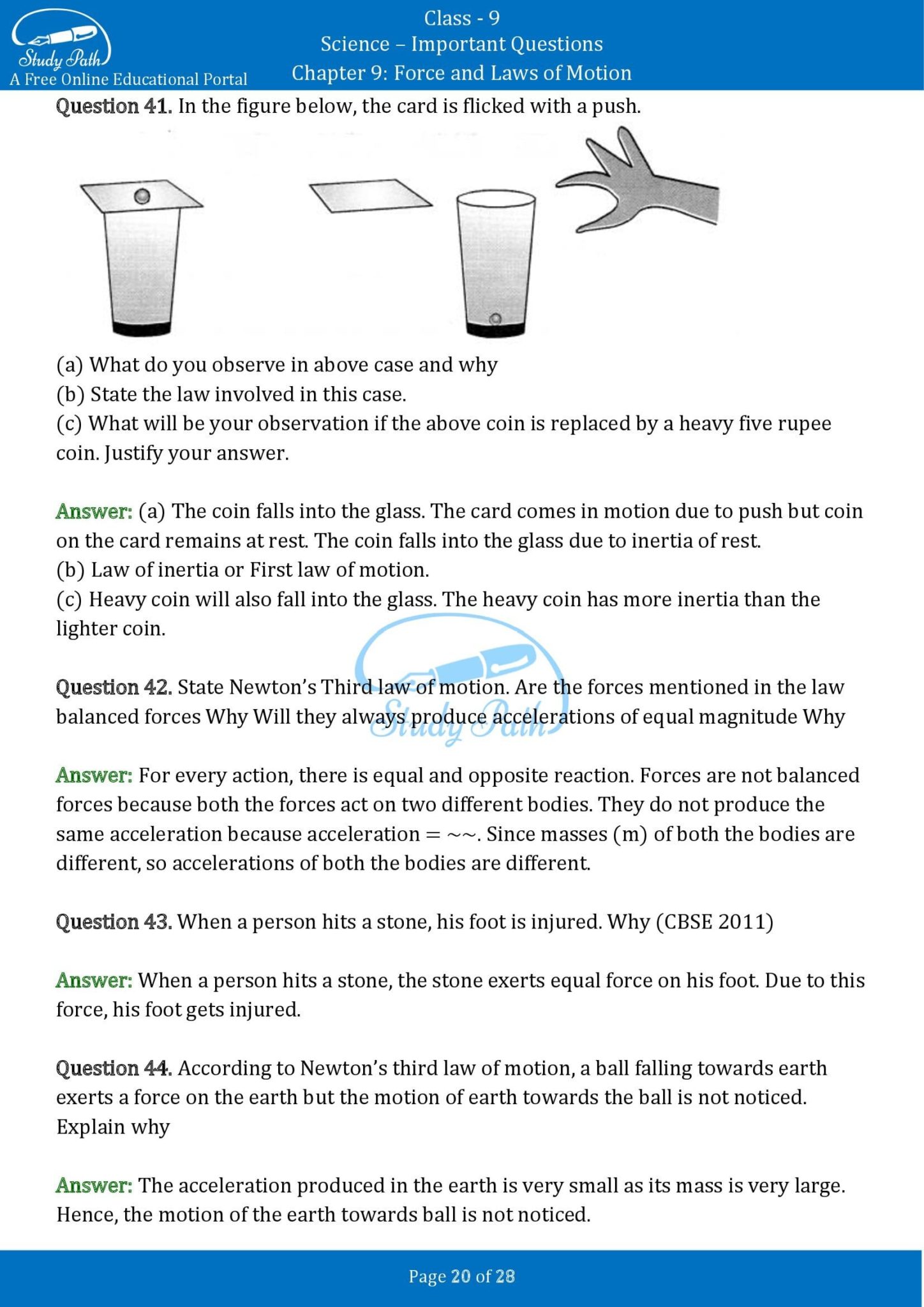 Important Questions for Class 9 Science Chapter 9 Force and Laws of Motion Important Questions for Class 9 Science Chapter 9 Force and Laws of Motion