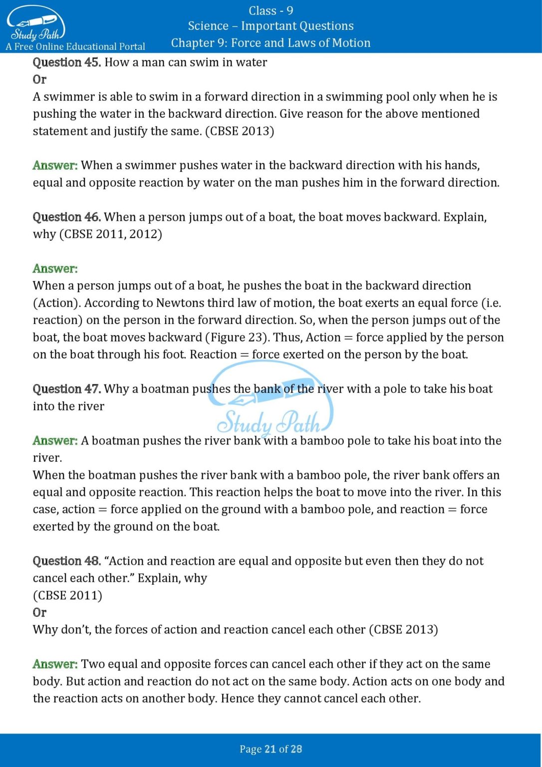 Important Questions for Class 9 Science Chapter 9 Force and Laws of Motion