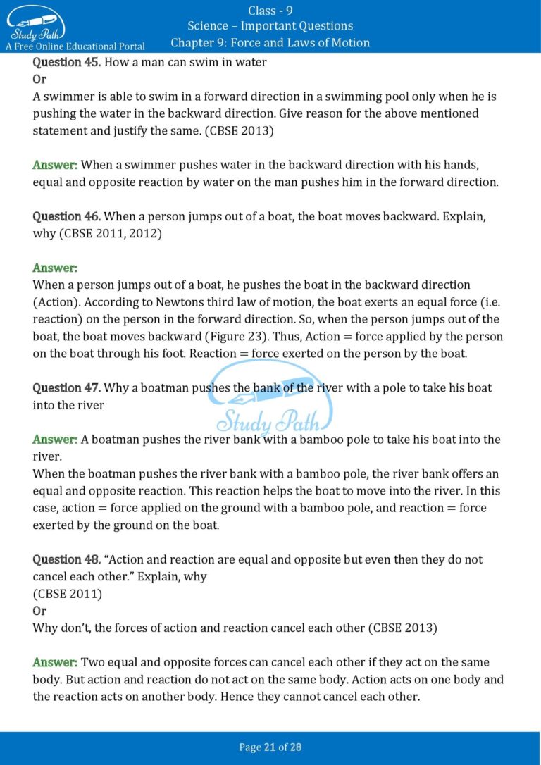 Important Questions for Class 9 Science Chapter 9 Force and Laws of Motion