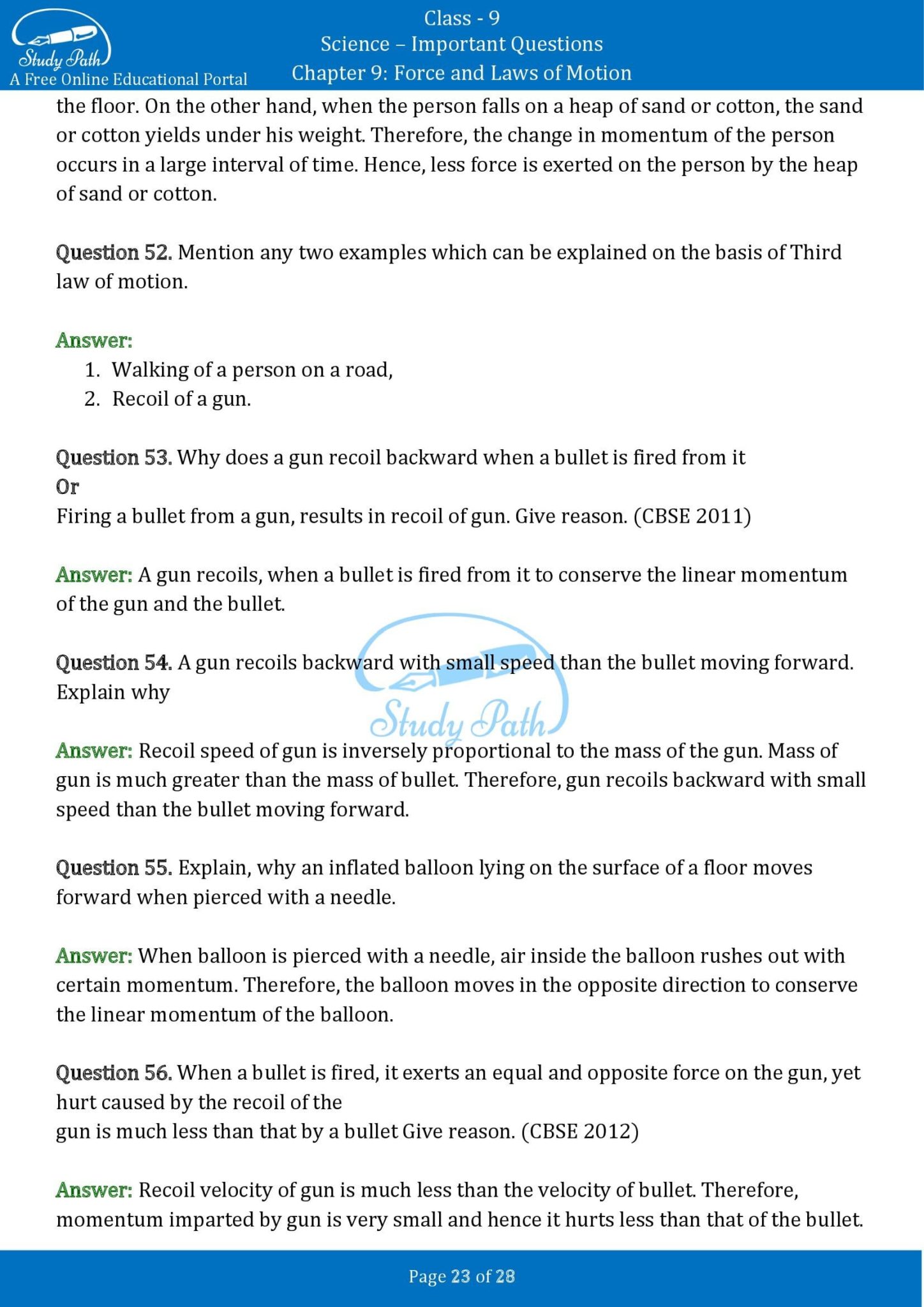 Important Questions for Class 9 Science Chapter 9 Force and Laws of Motion