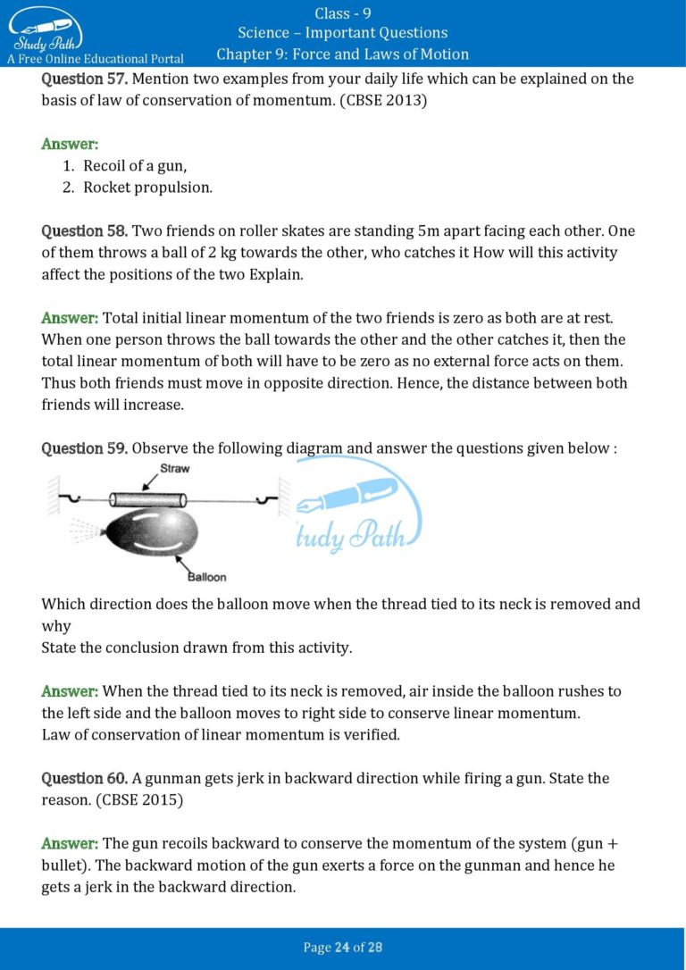 Important Questions for Class 9 Science Chapter 9 Force and Laws of Motion