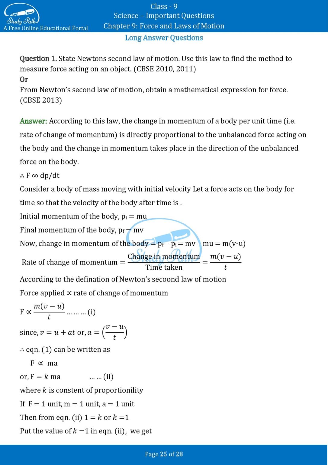 Important Questions for Class 9 Science Chapter 9 Force and Laws of Motion