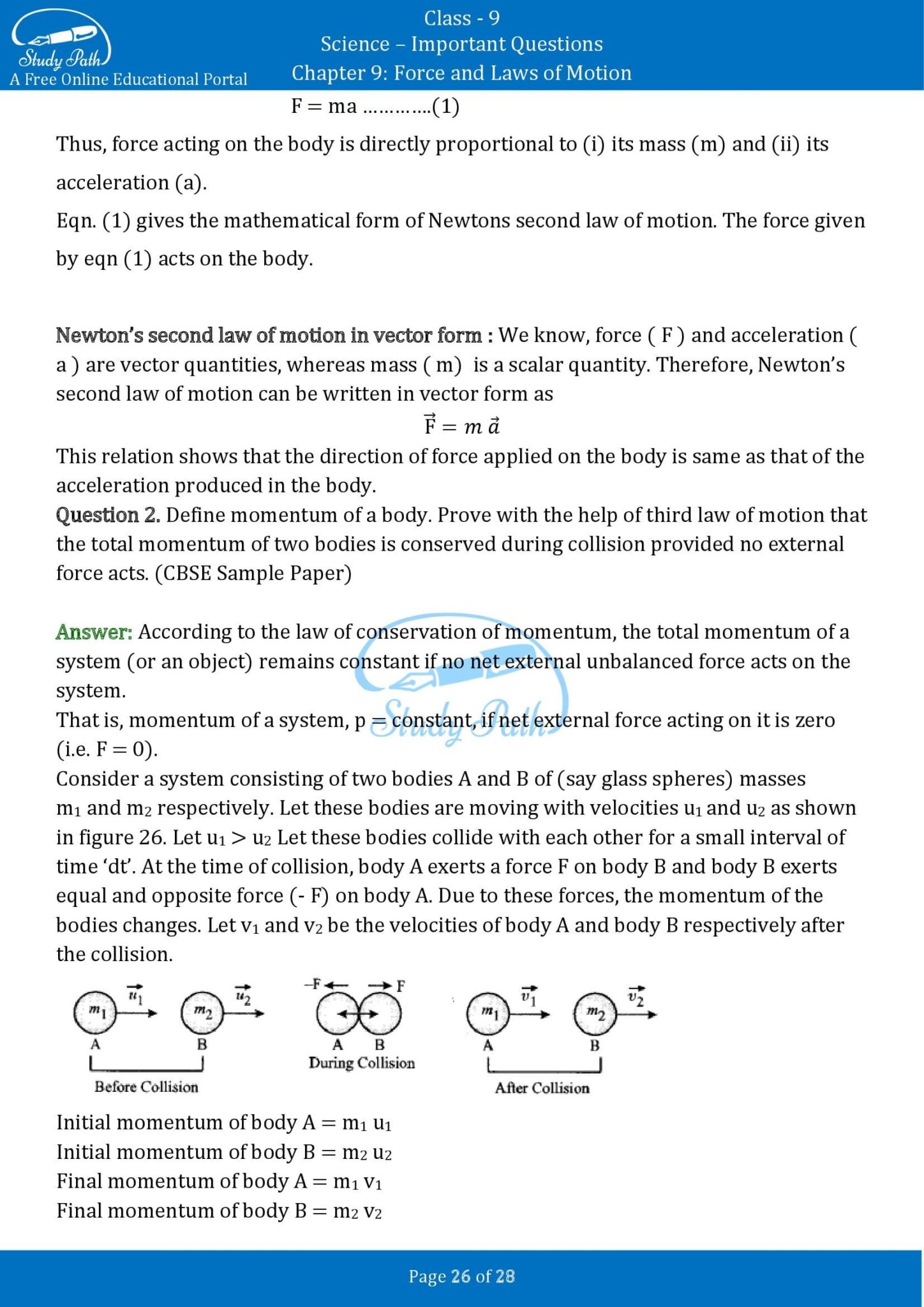 Important Questions for Class 9 Science Chapter 9 Force and Laws of Motion