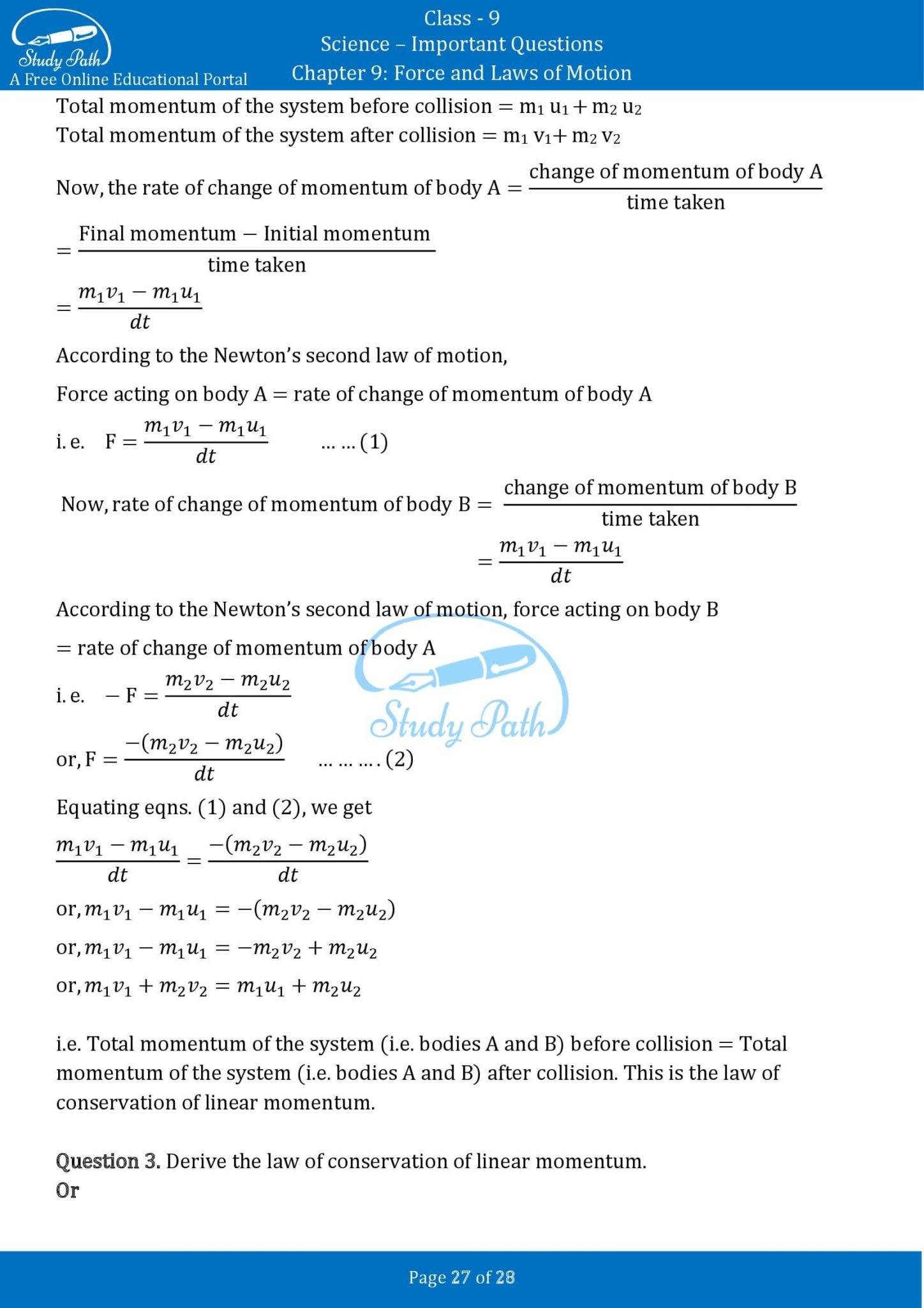 Important Questions For Class 9 Science Chapter 9 Force And Laws Of Motion