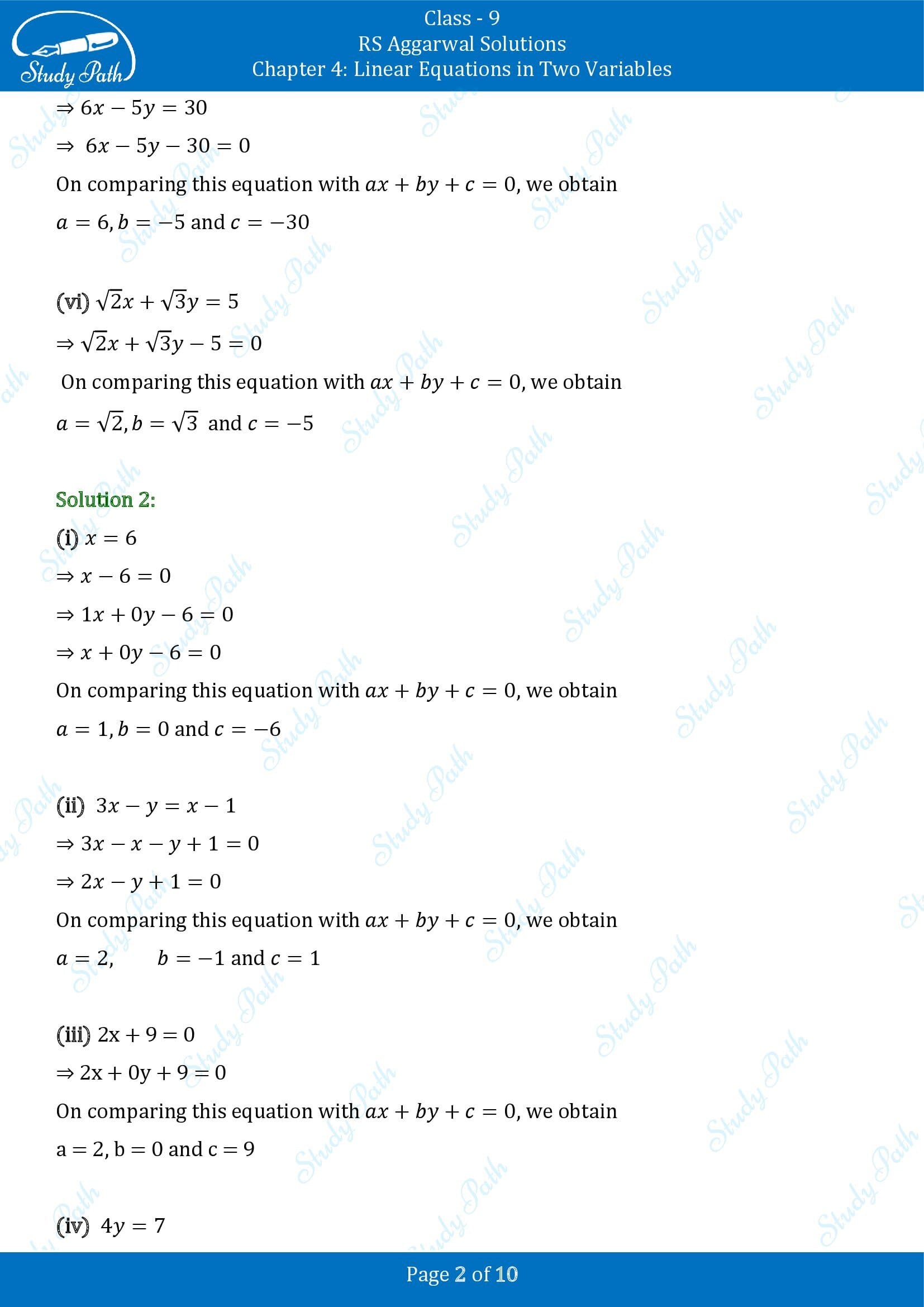 RS Aggarwal Solutions Class 9 Chapter 4 Linear Equations In Two